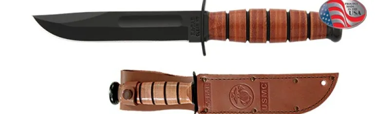 Ka-Bar KB1250 USMC Short Knife with Brown Leather Sheath Straight Edge ...